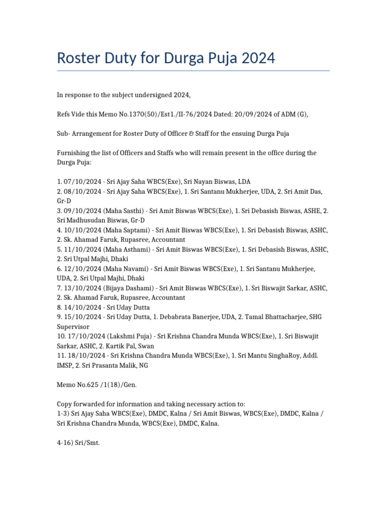 Roster Duty Durga Puja 2024 | PDF