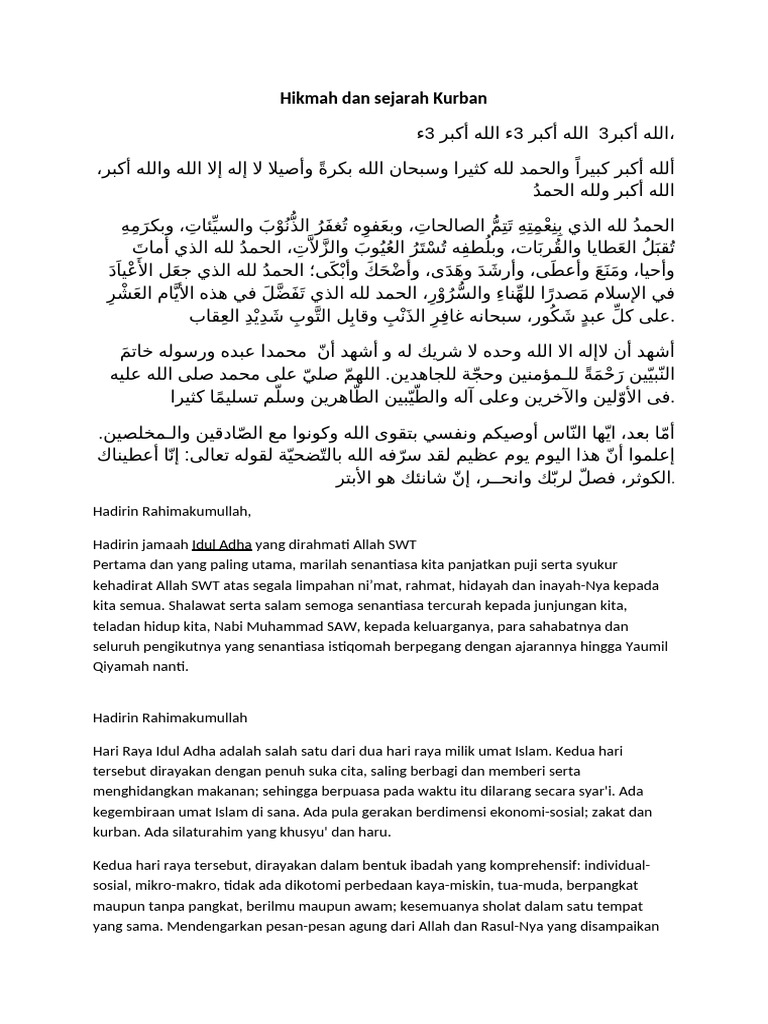 Khutbah Idul Adha 1444 H-Hikmah Dan Sejarah Kurban | PDF