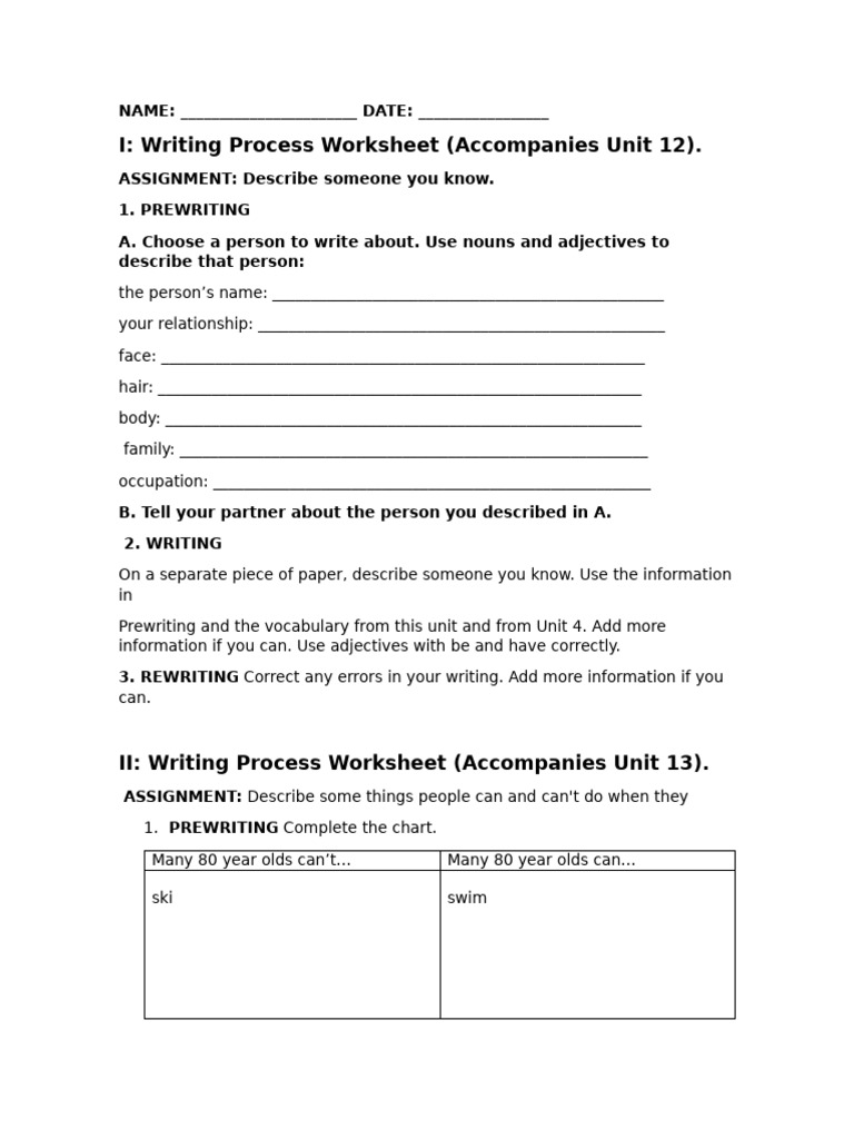 Writing Process Worksheet U12-13 Review | PDF
