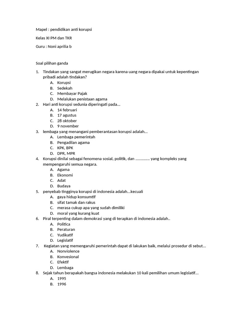 Soal Pak Kelas Xi PM TKR | PDF | Indonesia