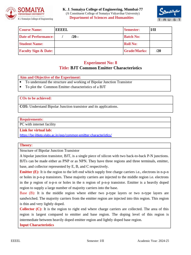 Expt 8 Common Emitter Characteristics 24-25 | PDF