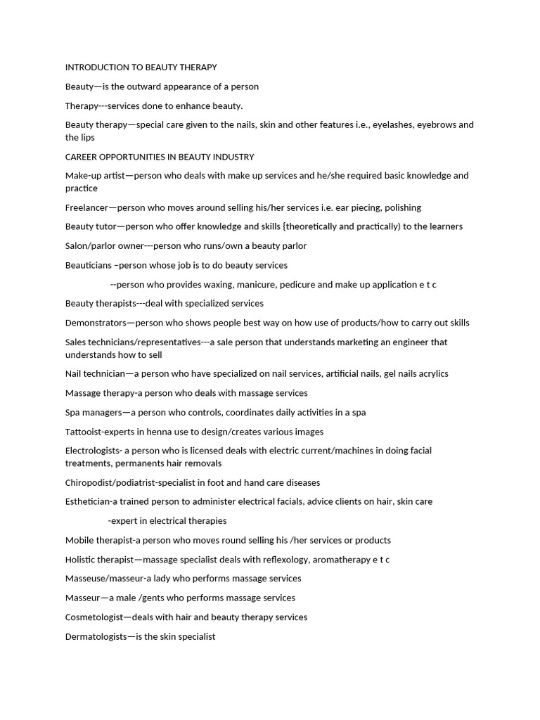 Introduction To Beauty Therapy Notes | PDF | Nail (Anatomy) | Career ...