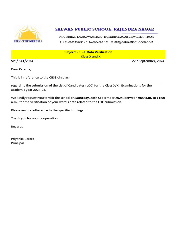X & XII LOC Verification Circular For Parents 2024-25 | PDF