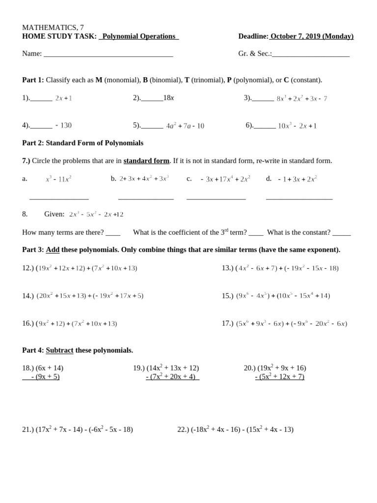 Polynomial Worksheet | PDF
