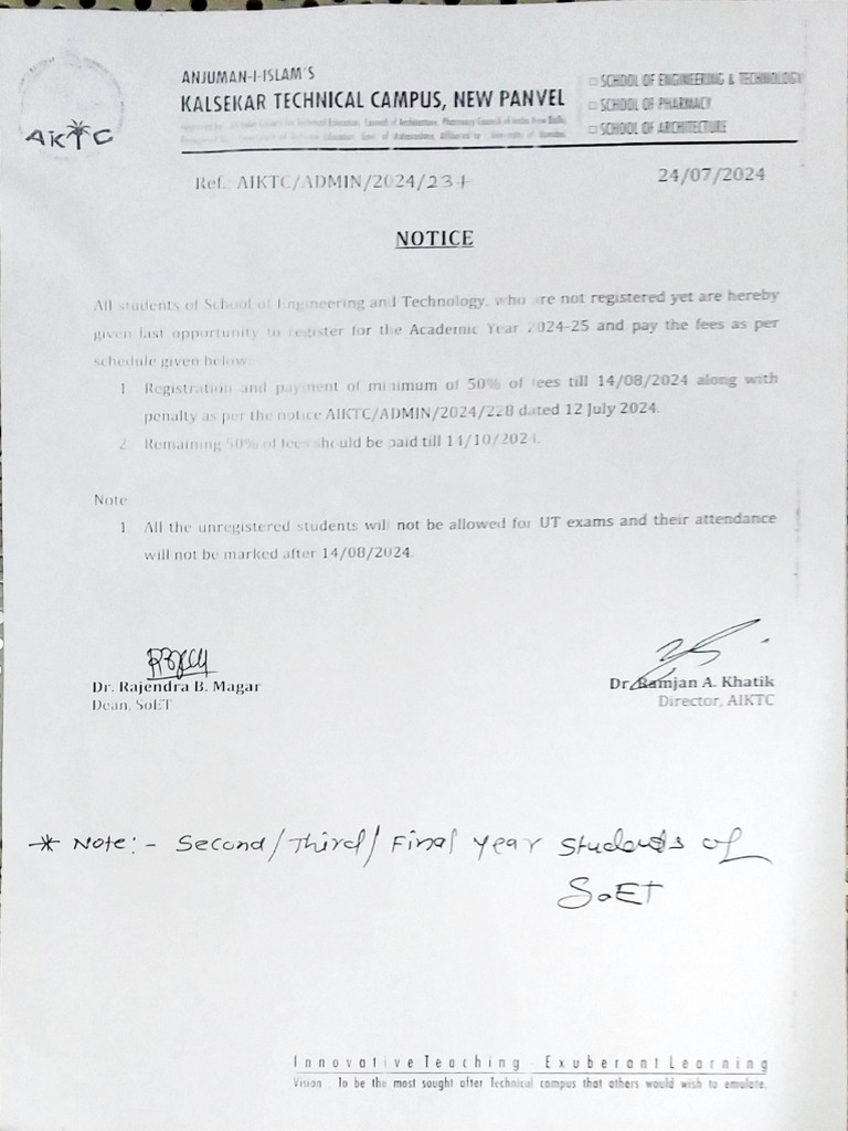 Notice - Registration N Fees Payment 2024-25 | PDF