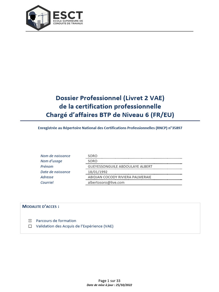Dossier Professionnel CA (Livret 2) - V2 | PDF