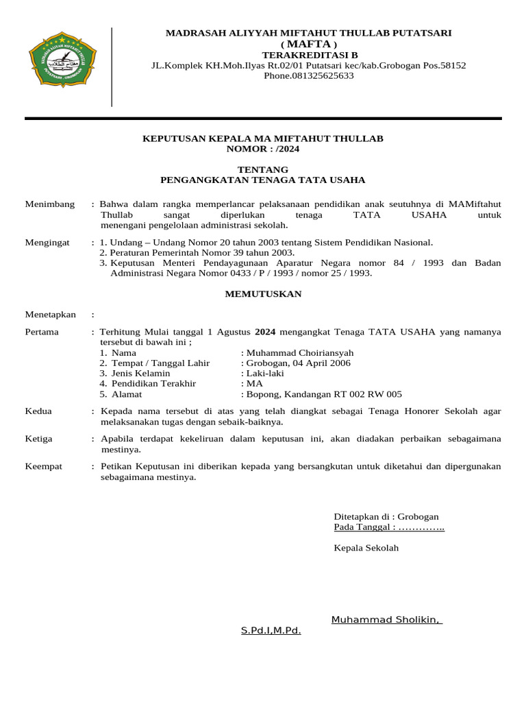 Contoh SK TU Sekolah | PDF