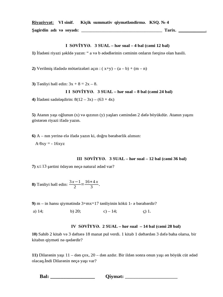 6 Sinif Riyaziyyat KSQ - 4. | PDF