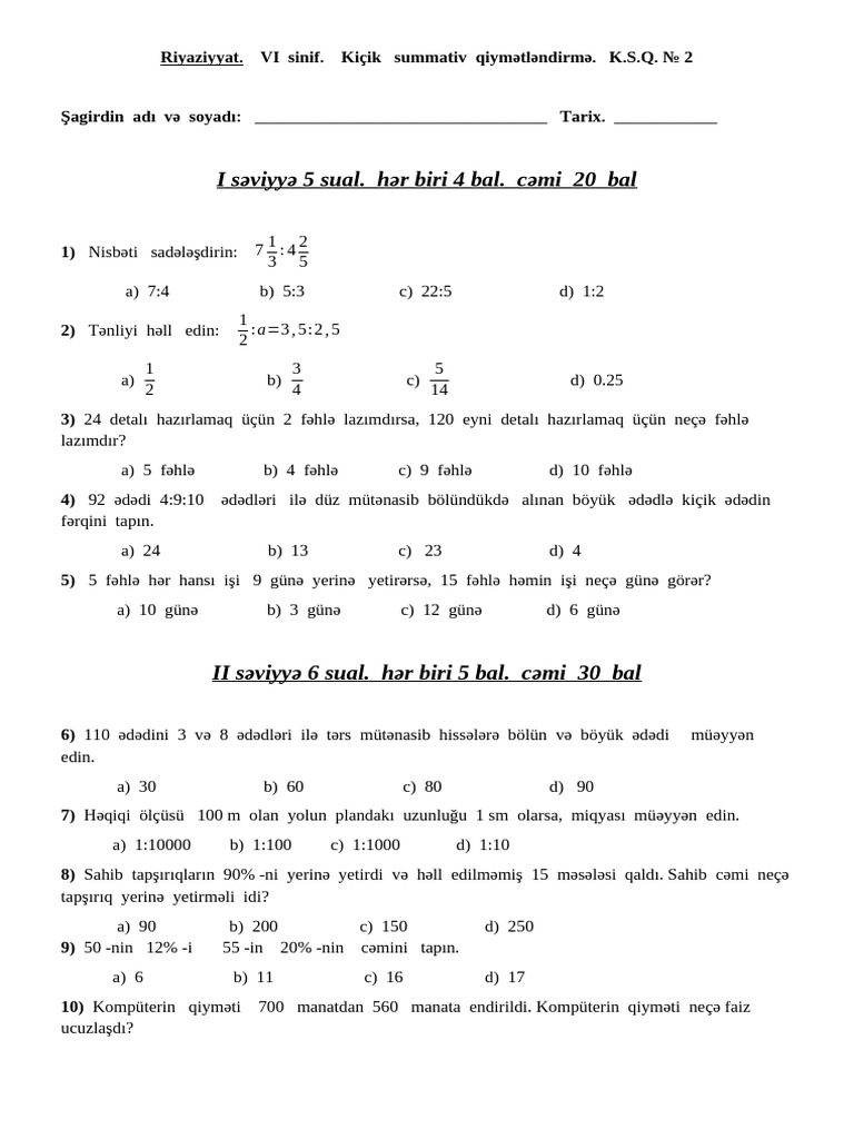 6 sinif Riyaziyyat KSQ - 2 | PDF
