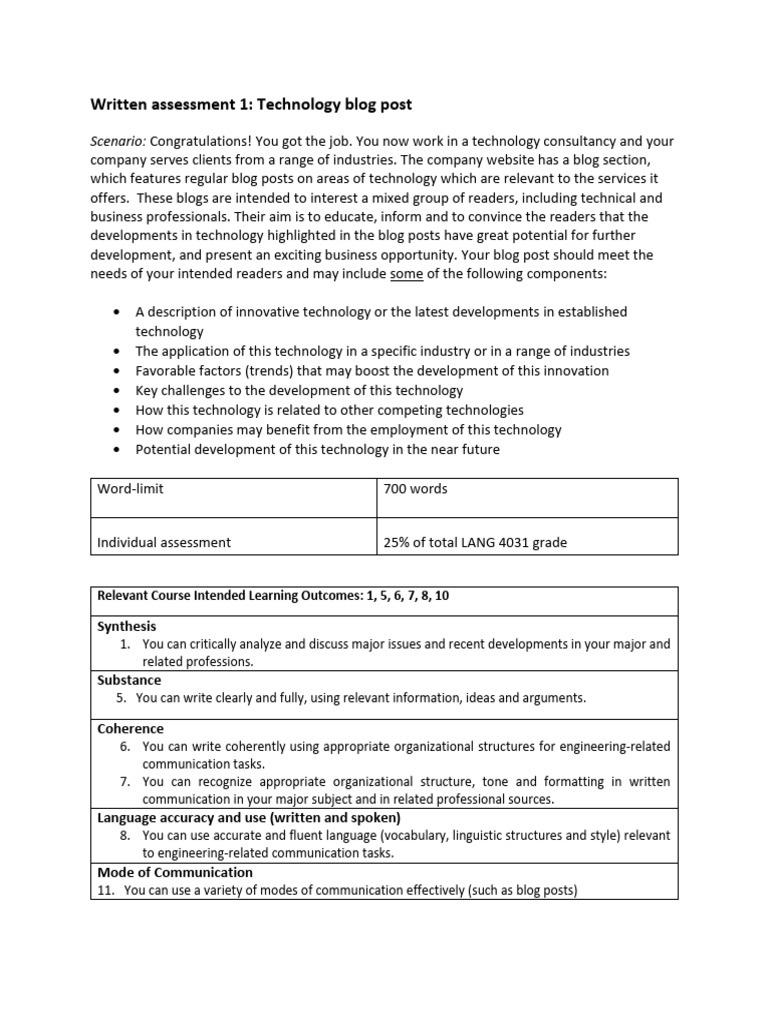 Technology Blog Post Assessment Description | PDF