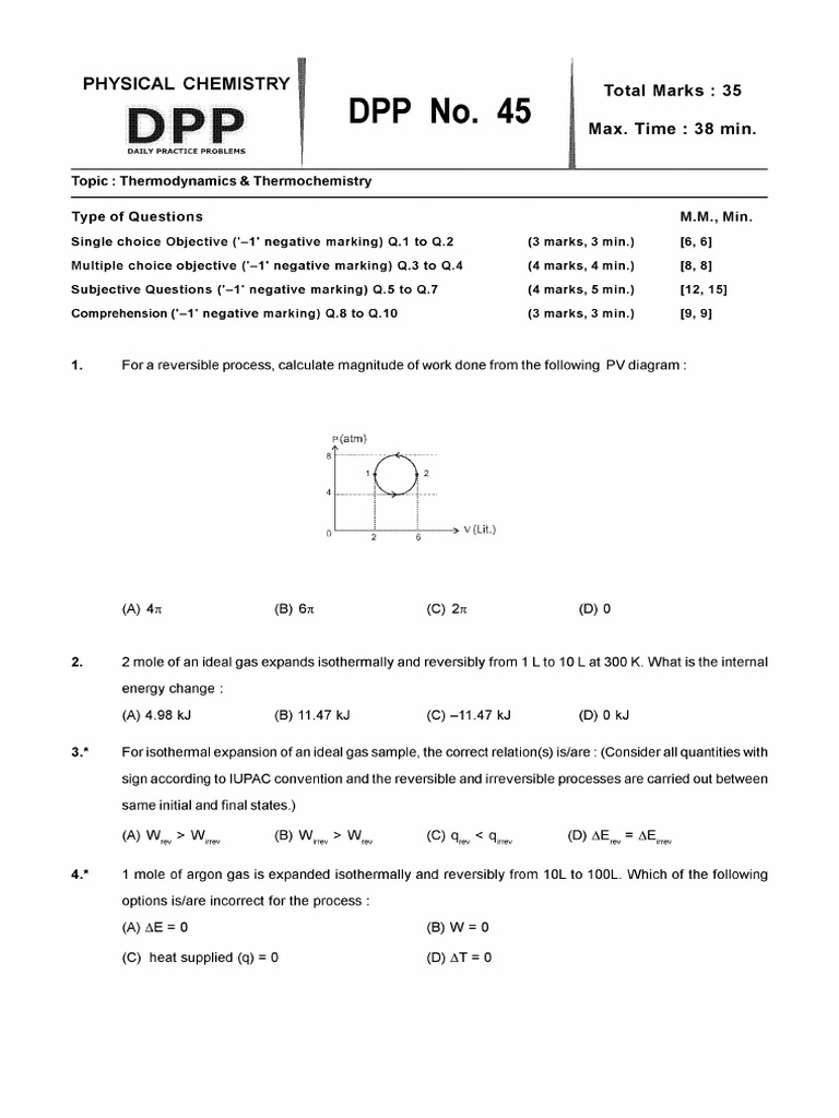 DPP No - 45. Thermodynamic & Thermo Chemistry | PDF