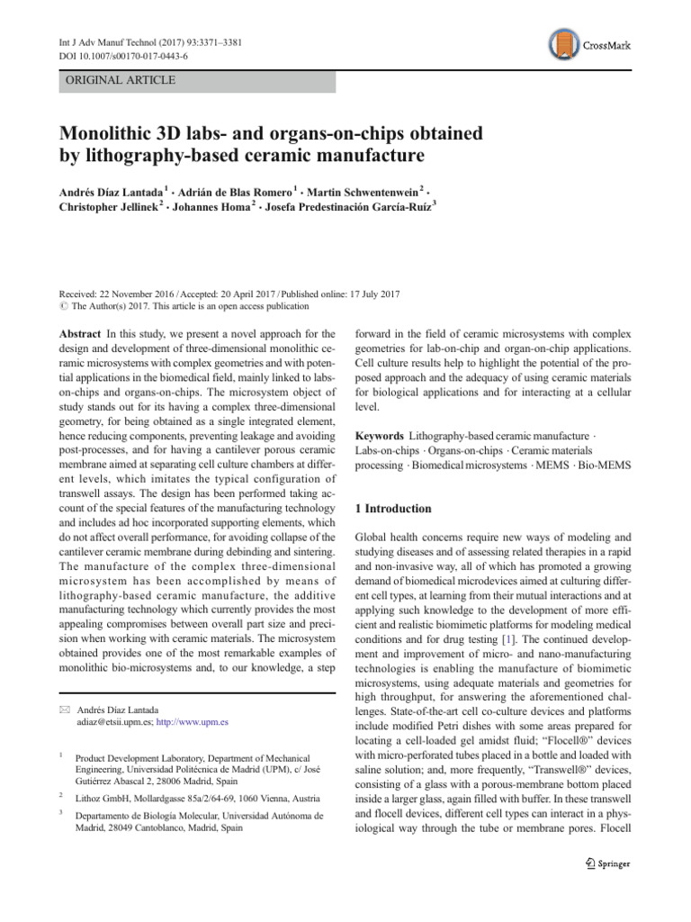 Monolithic 3D Labs-And Organs-On-Chips Obtained by Lithography-Based Ceramic Manufacture | PDF
