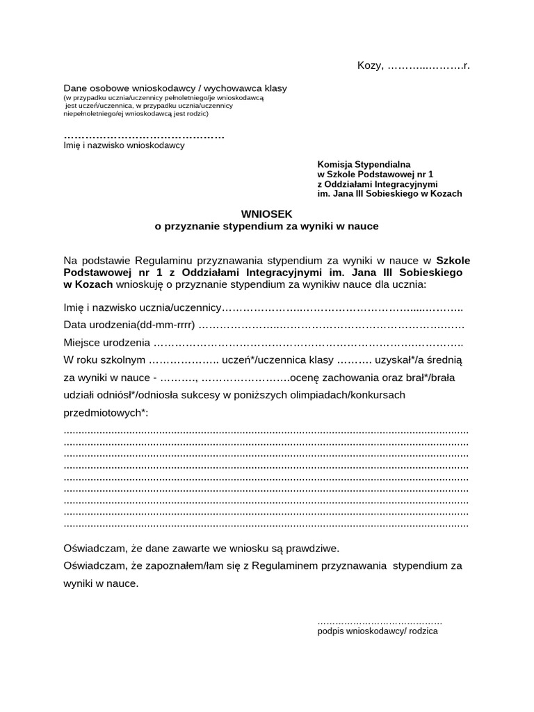 Zal - NR 1 Wniosek o Przyznanie Stypendium SP1 2 | PDF