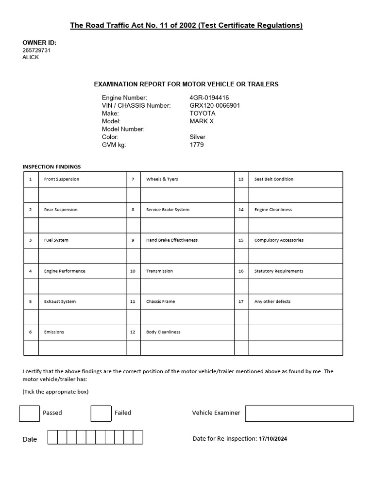RTSA ExaminationOfMotorVehicle - Certificate | PDF