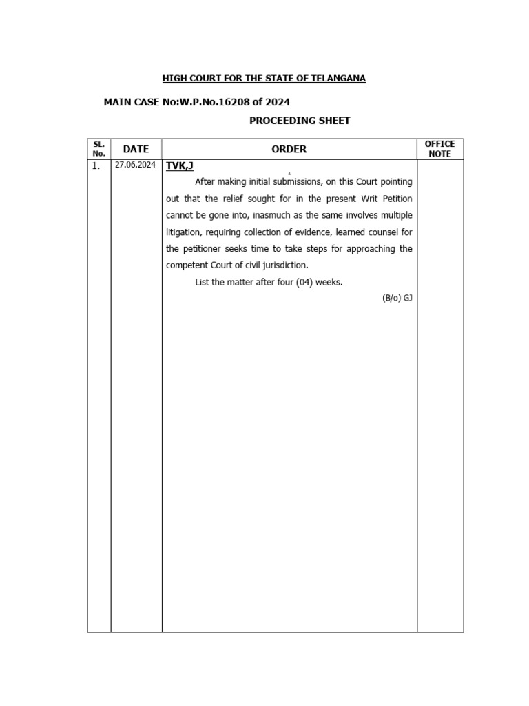 MAIN CASE No:W.P.No.16208 of 2024 Proceeding Sheet Date Order TVK, J | PDF