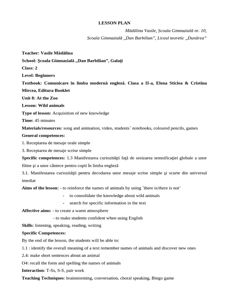 Lesson Plan - Wild Animals | PDF | Learning | Cognition