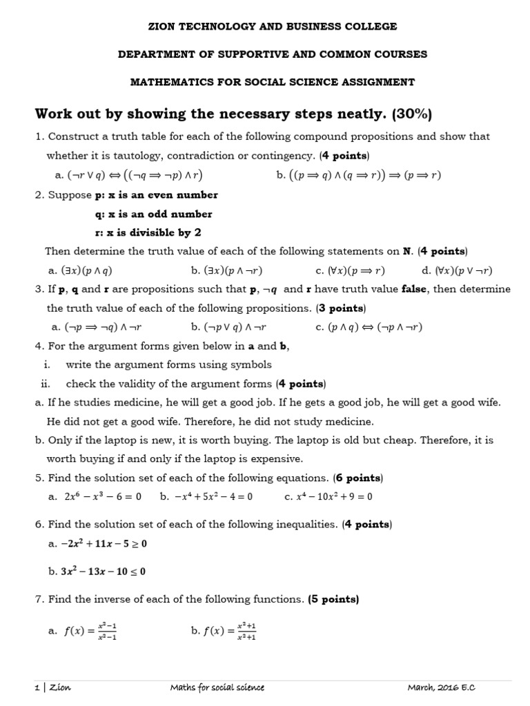 Maths For Social Science Assignment | PDF