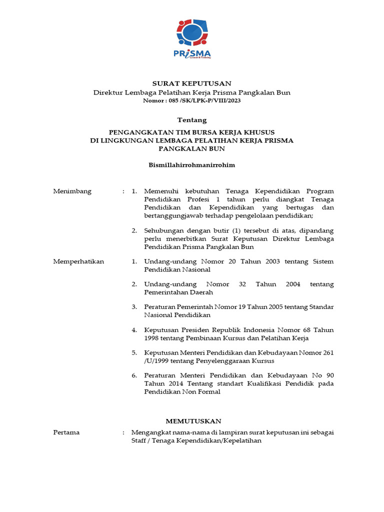 SK Pembentukan & Struktur BKK Prisma | PDF