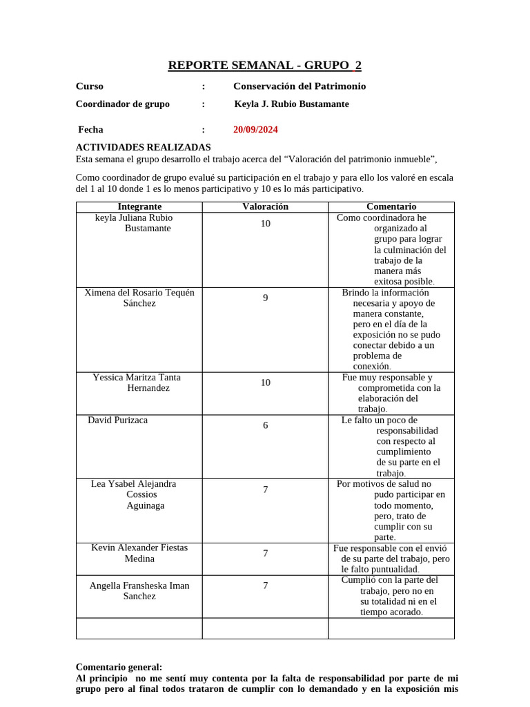 Formato Reporte de Desempeño Grupal - Grupo 2 | PDF
