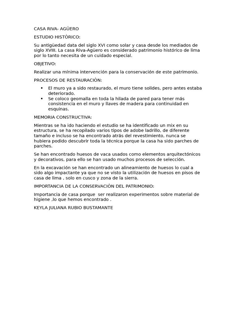 Restauraciòn Casa Riva Aguero | PDF