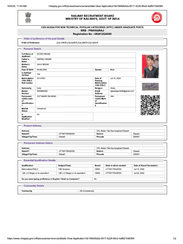RRB NTPC Application Form | PDF