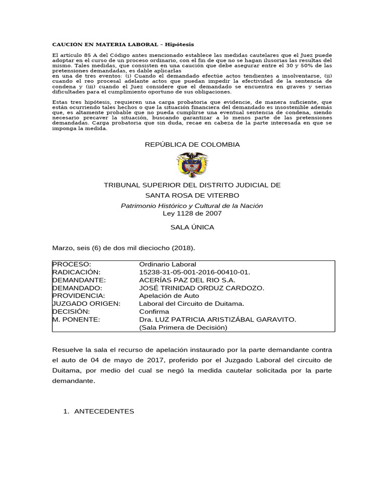 Caución en Materia Laboral Articulo 85 A Del Cptss | PDF