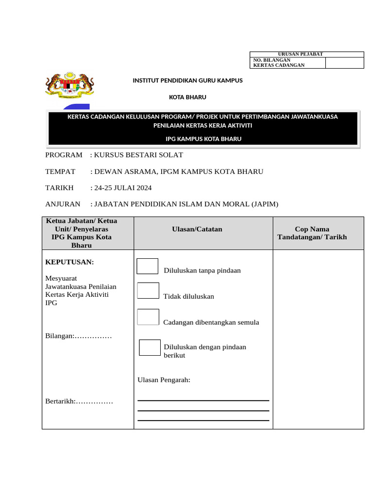 Kertas Kerja Kursus Bestari Solat | PDF