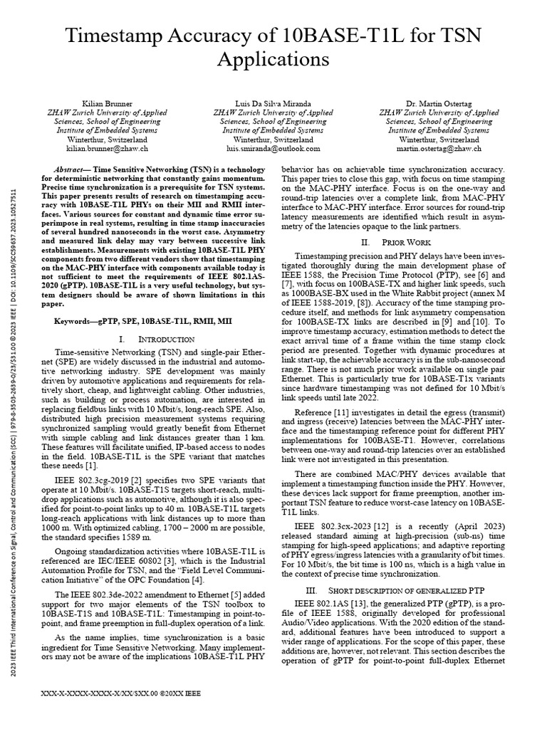 Timestamp Accuracy in 10BASE-T1L for TSN | PDF | Computer Networking ...