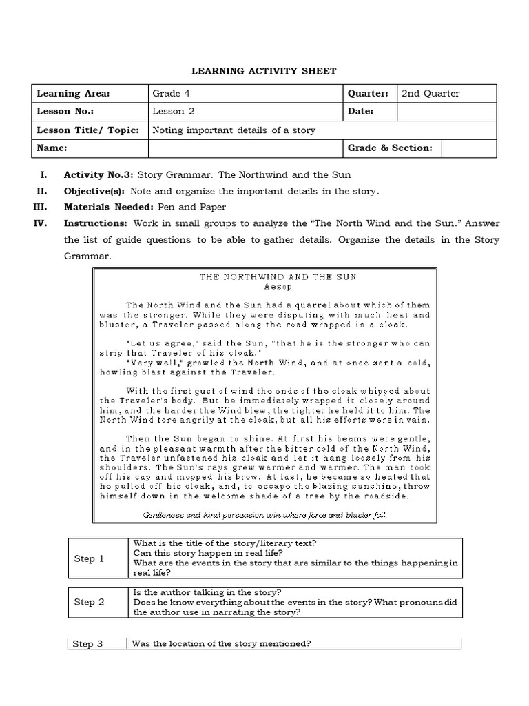 Activity No.3. Story Grammar. The Northwind and The Sun | PDF