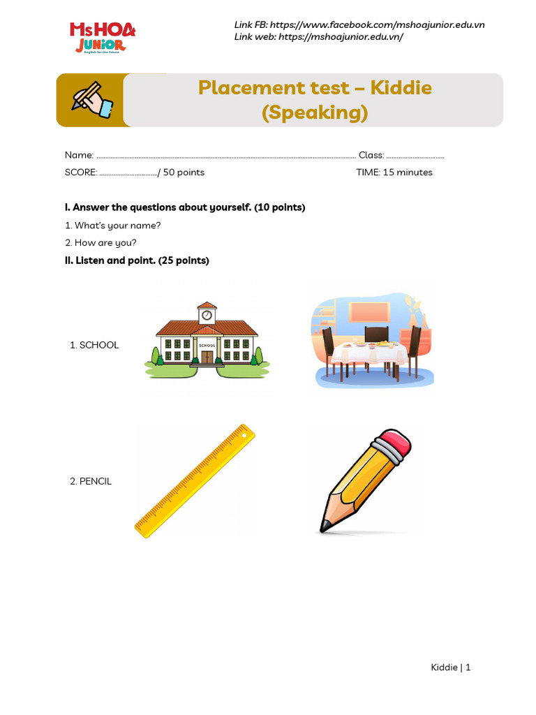 Placement Test (Speaking) - Kiddie | PDF