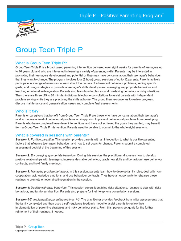Triple P Practitioner Info Sheet Group Teen | PDF | Adolescence ...