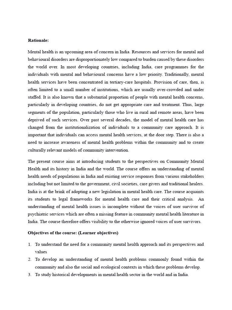 Community Mental Health Course Overview | PDF | Mental Health | Self ...