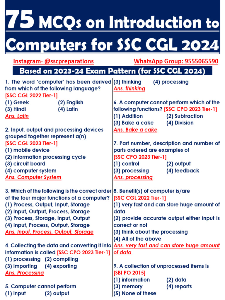 75 MCQs On Introduction To Computers For SSC CGL 2024 | PDF