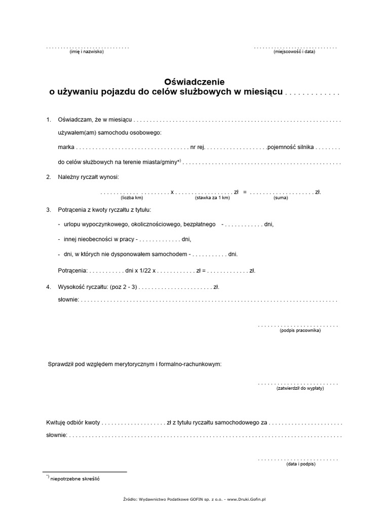Oswiadczenie o Uzywaniu Pojazdu Do Celow Sluzbowych | PDF