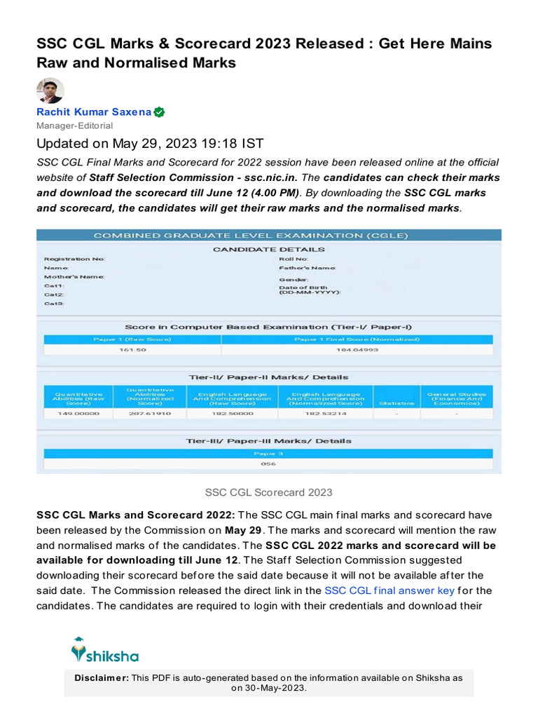 SSC CGL Marks & Scorecard 2023 Released: Get Here Mains Raw and Normalised Marks | PDF