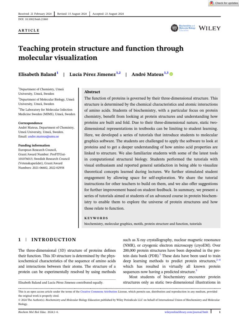 Biochem Molecular Bio Educ - 2024 - Baland - Teaching Protein Structure ...