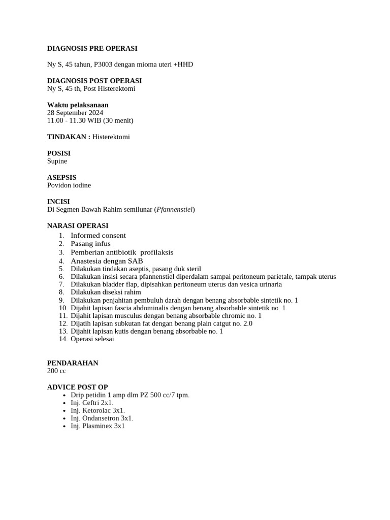 Laporan OK - Histerektomi | PDF