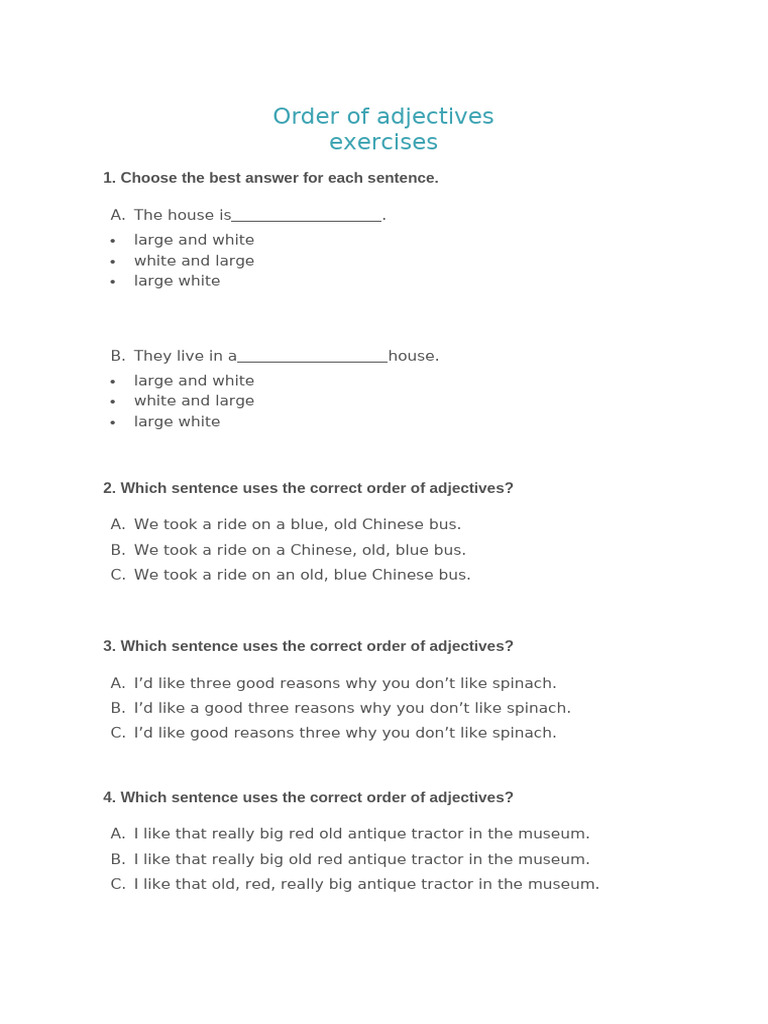 Order of Adjectives Exercises | PDF