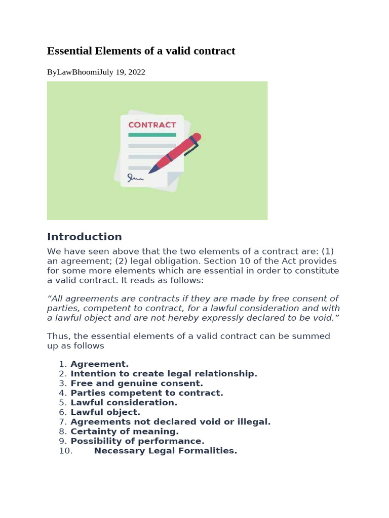 Essential Elements of a valid contract | PDF