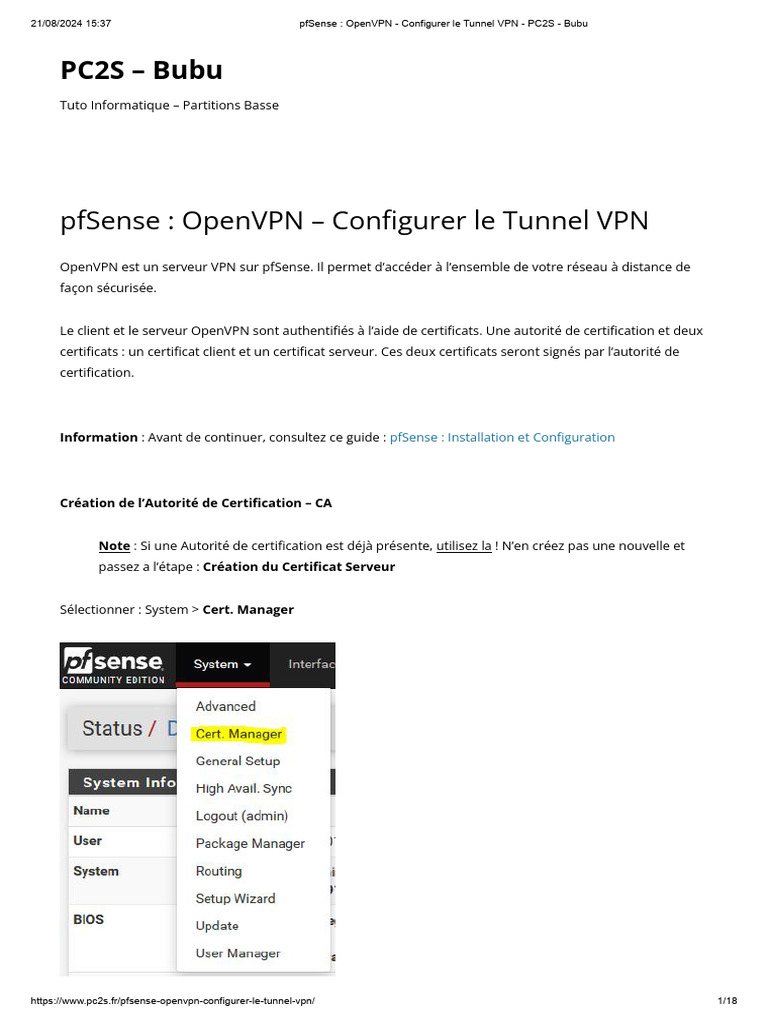 PfSense - OpenVPN - Configurer Le Tunnel VPN - PC2S - Bubu | PDF