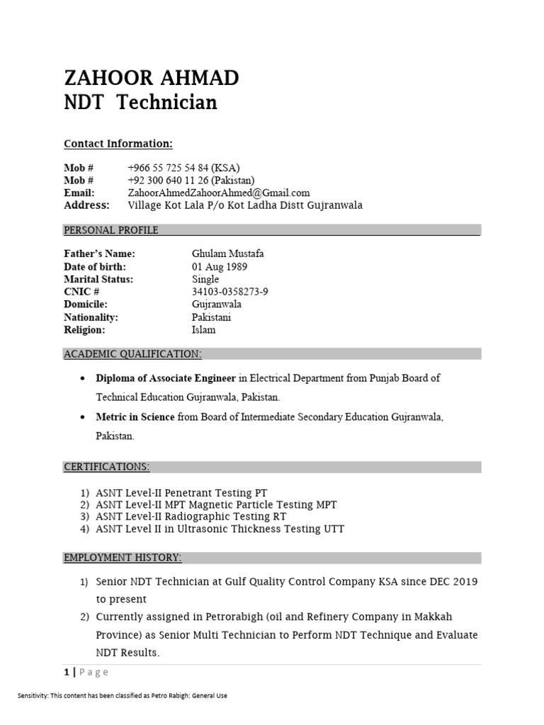 NDT Technician Profile and Experience | PDF | Nondestructive Testing ...