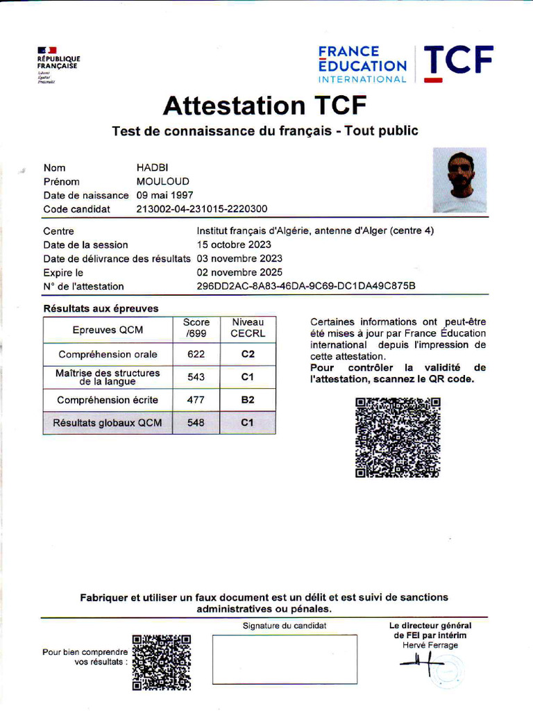 Attestation TCF 150925 | PDF