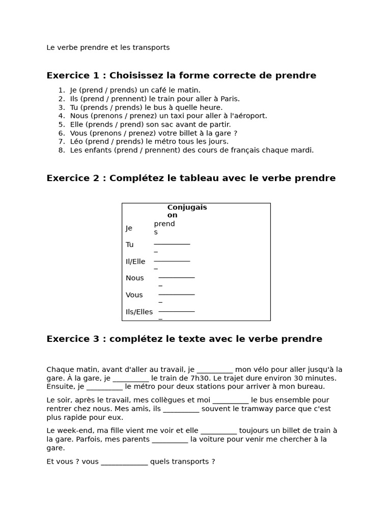 Le verbe prendre et les transports | PDF