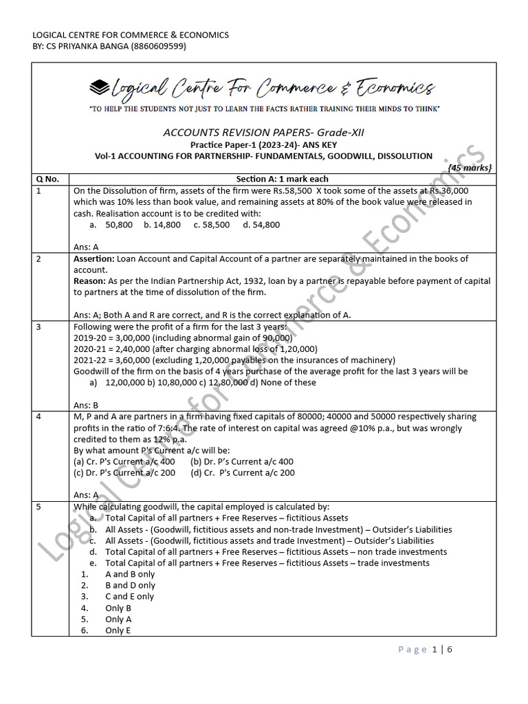 BOOK-1 practice paper 1 (2023-24)-Ans Key | PDF