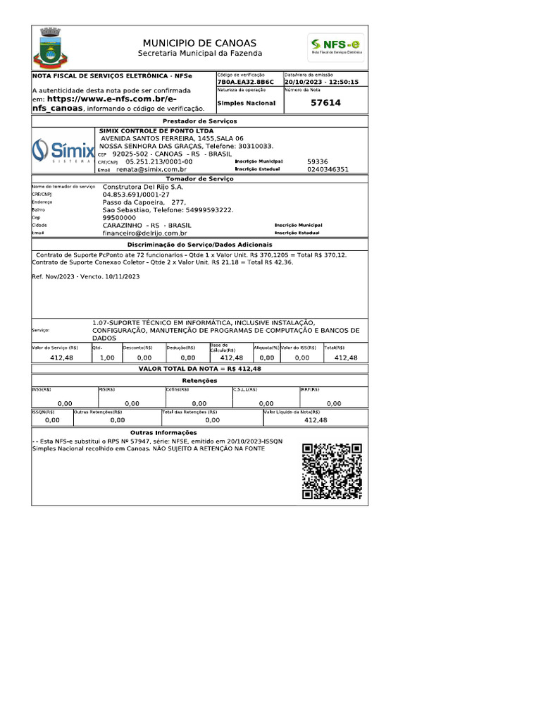 NF 57614 Simix Controle de Ponto Ltda | PDF