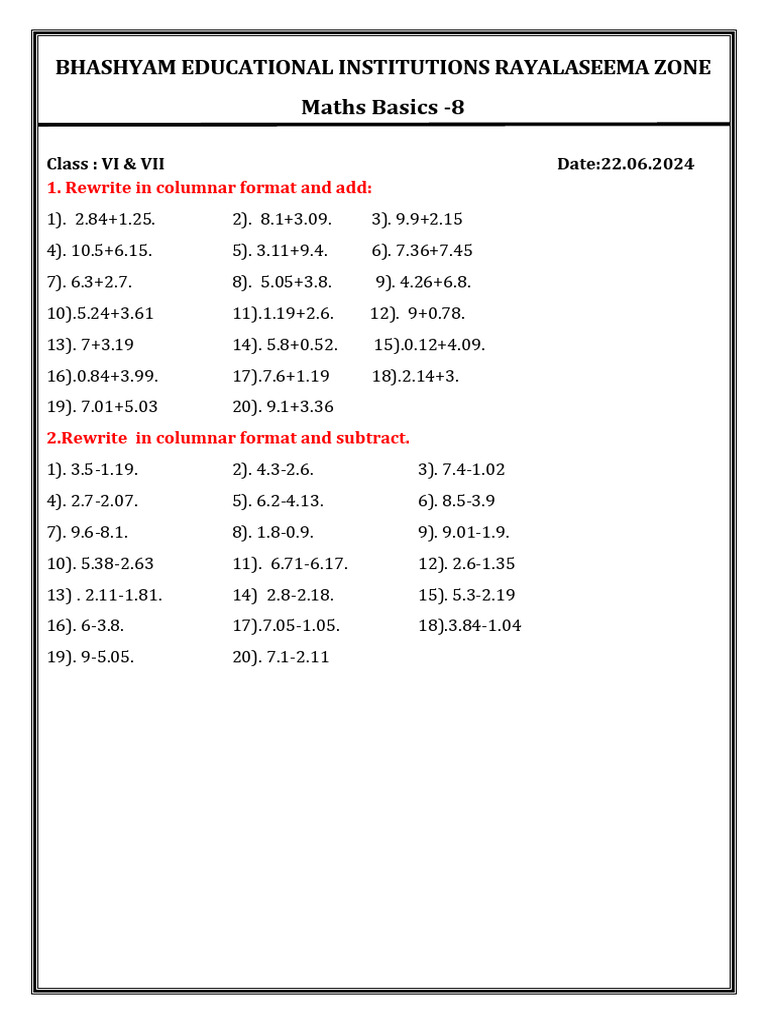 Maths Basic Work Sheet - 8 | PDF