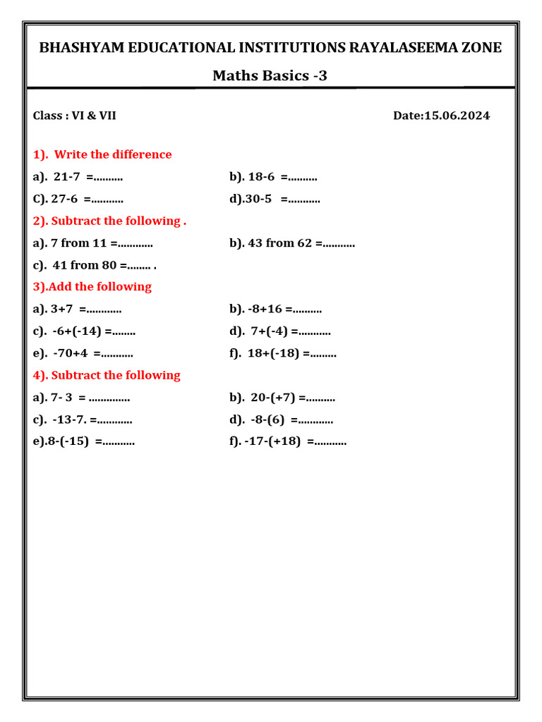 Maths Basic Work Sheet - 3 | PDF