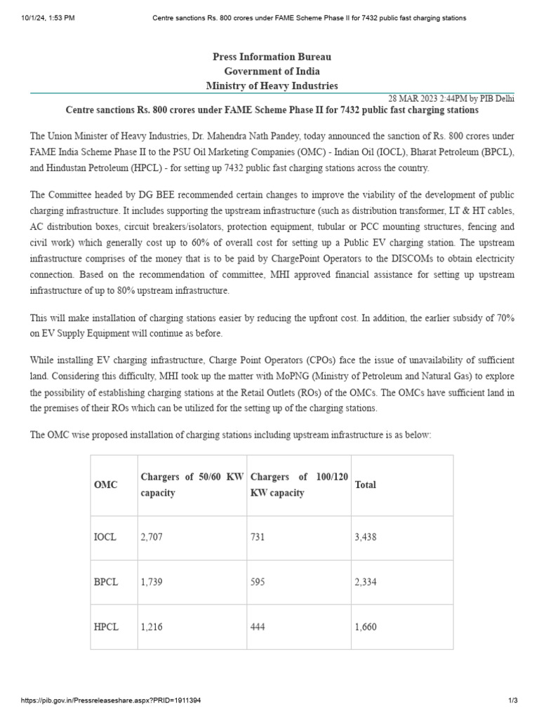 FAME Scheme Phase II For 7432 Public Fast Charging Stations | PDF ...