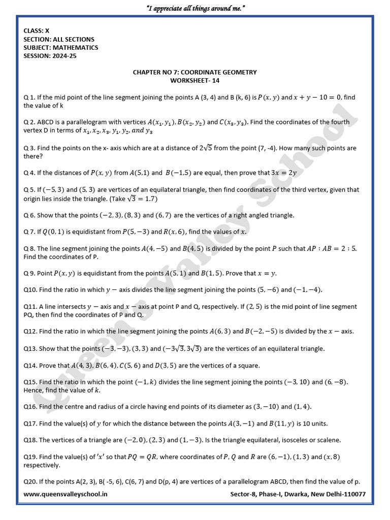 X - MATH - CH - 7 COORDINATE GEOMETRY - Worksheet | PDF