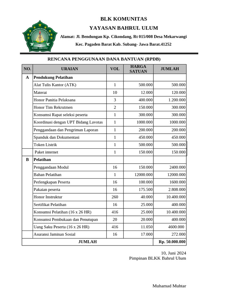 RENCANA PENGGUNAAN DANA BANTUAN Total | PDF